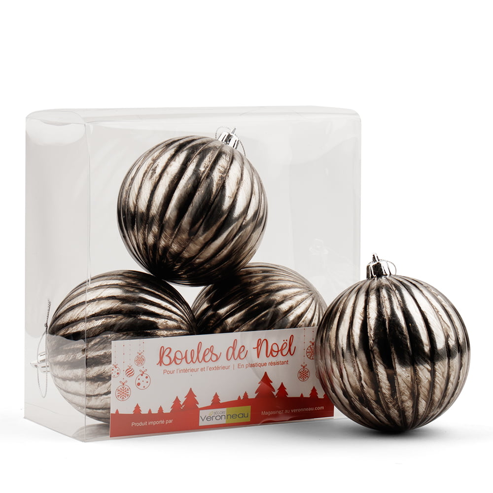 4 boules de Noël striées argent, 4'' - Décors Véronneau